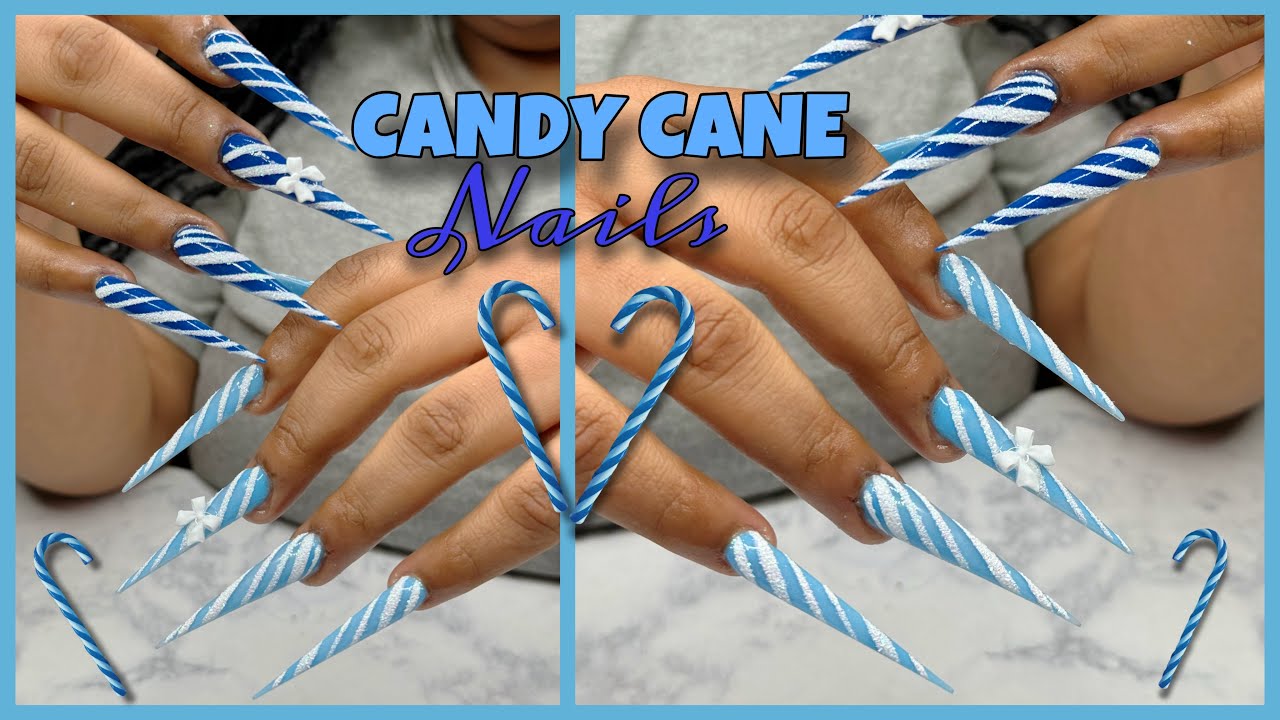 Sharp Stiletto CANDY CANES - HOW TO DO CANDY CANE NAILS (realistic) 🩵💙 ...