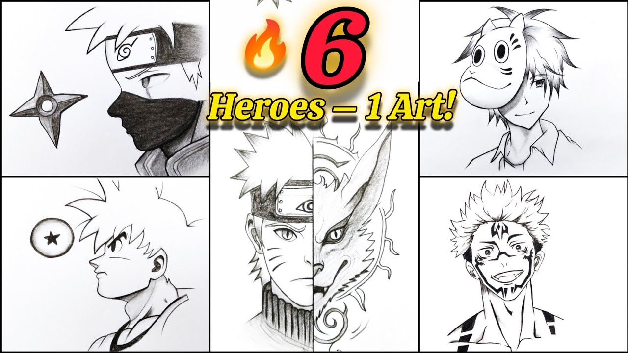 🔥 6 Anime Heroes in 1 Epic Drawing | Pencil Shading Art | Naruto x Goku ...