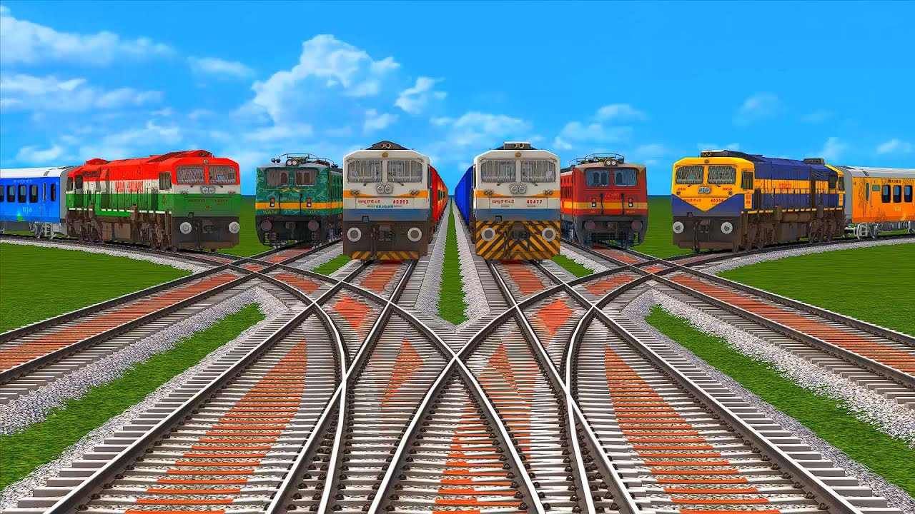 6 Colorful Trains Risky Crossing at Line Sharp Bend Branched Railroad ...