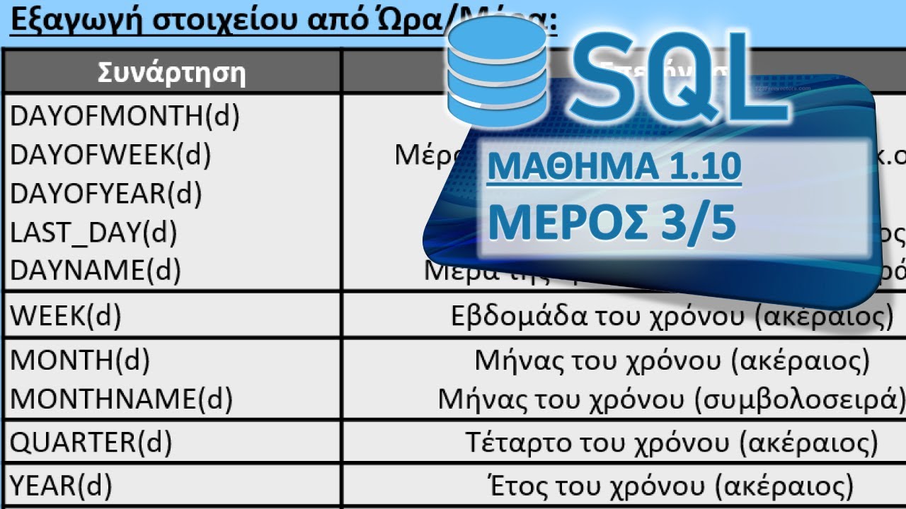SQL - ΜΑΘΗΜΑ 1.10 - ΣΥΝΑΡΤΗΣΕΙΣ ΗΜΕΡΟΜΗΝΙΩΝ κ.α. - Μ.3/5 - Εξαγωγή ...
