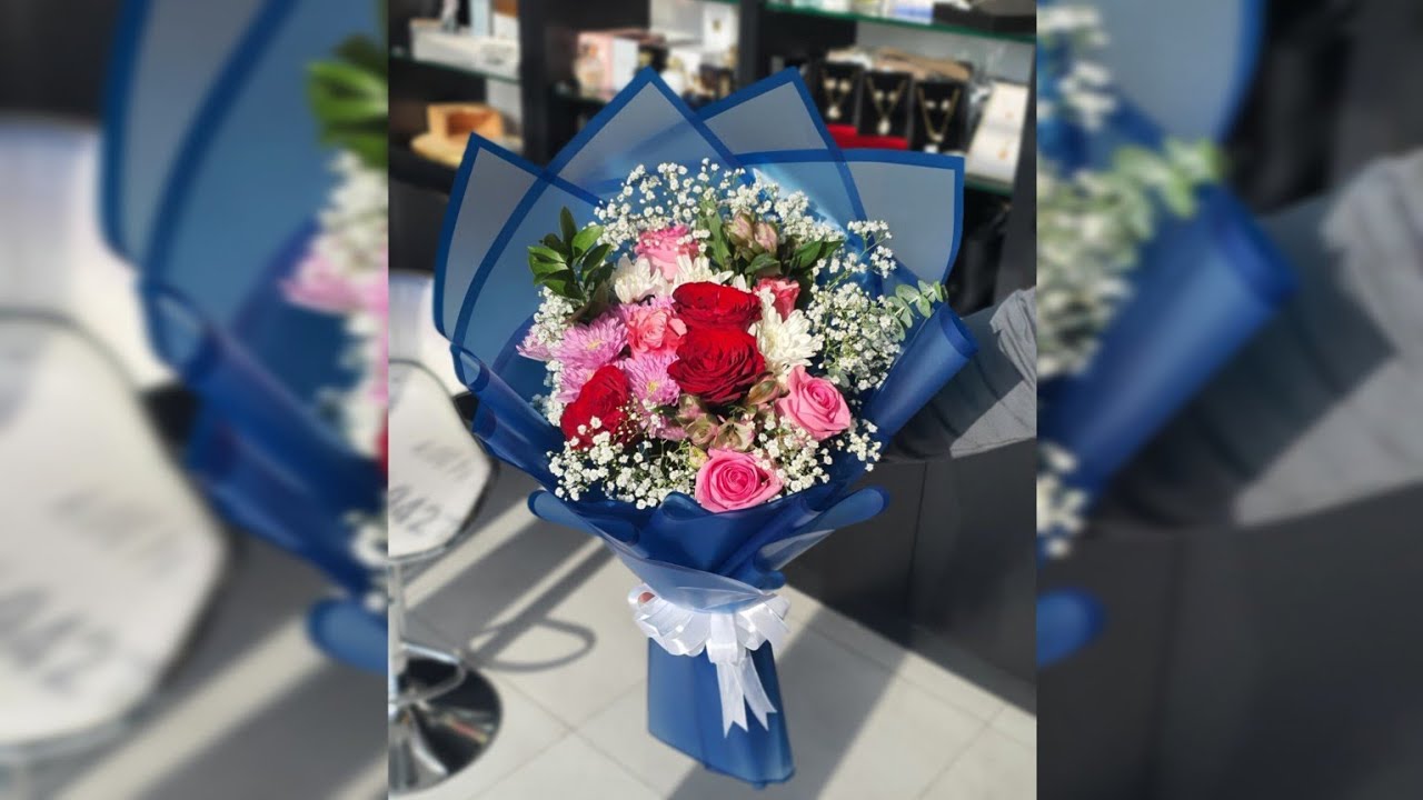 By using blue wrapping paper easy and simple flowers bouquet 💐 | - YouTube