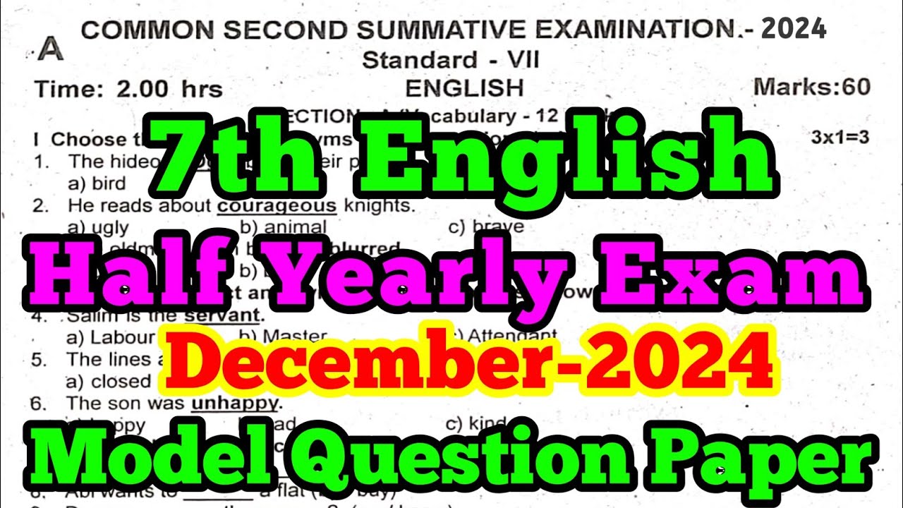 7th English Half yearly Exam Question Paper-2024 class 7 English Half ...