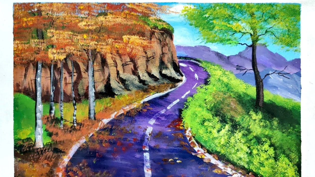 Highway acrylic painting | country side | road | track - YouTube
