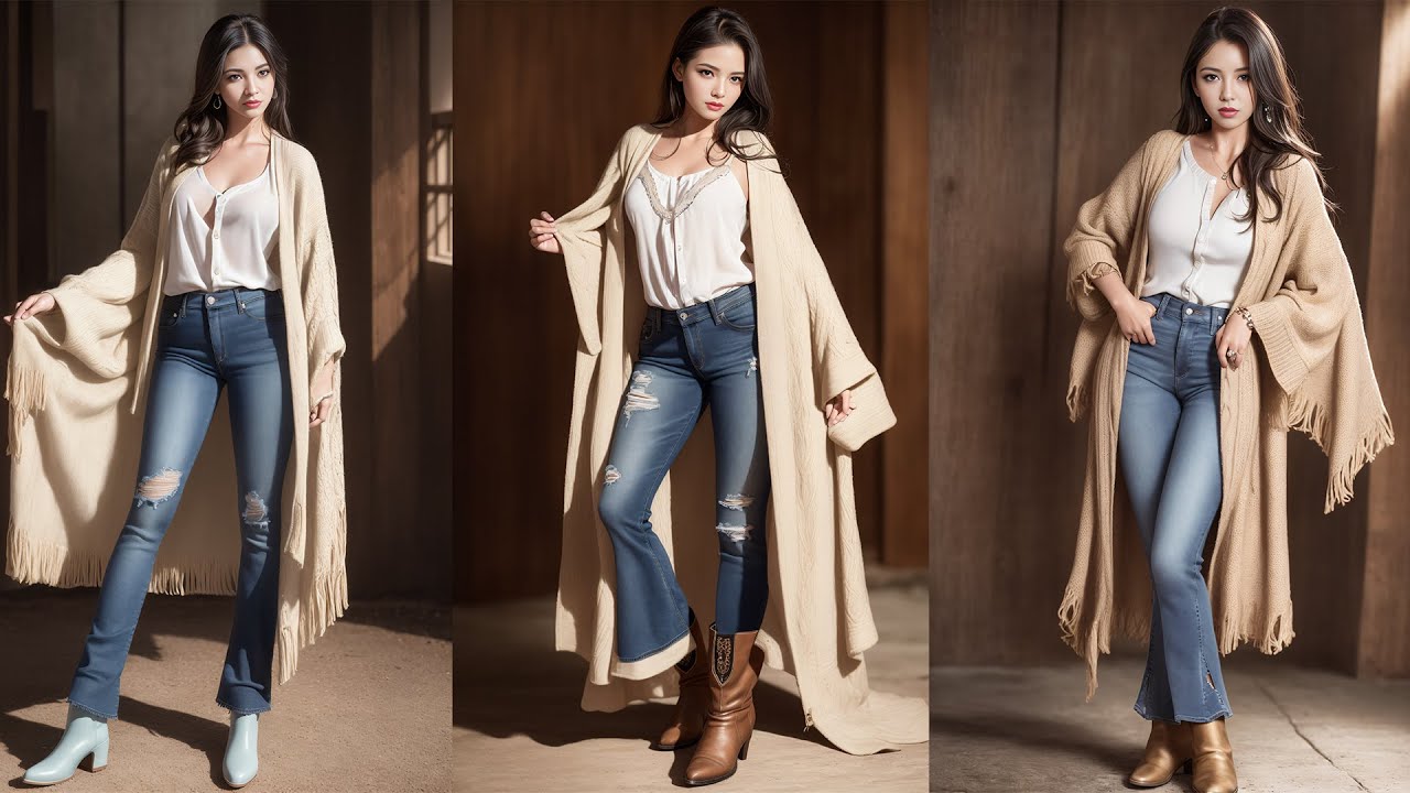 4K AI LookBook Beauty Girl Fashion in long bohemian cardigan with ...