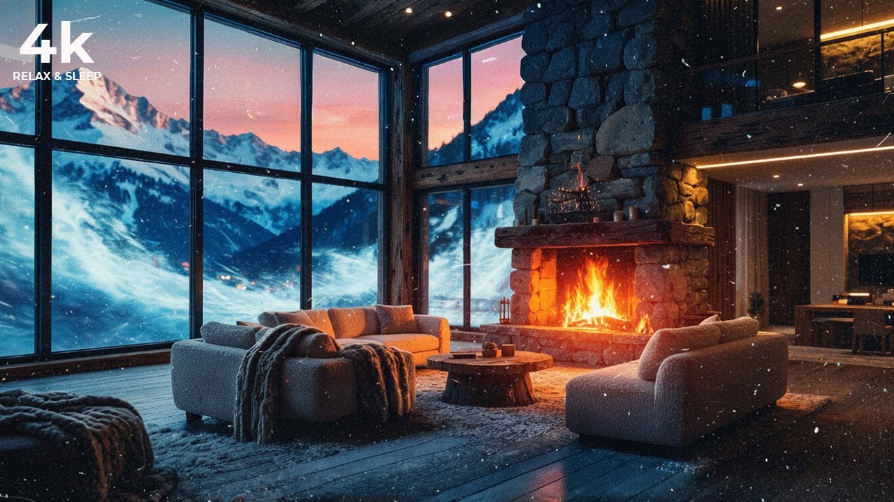 Cozy Winter Luxury Cabin Ambience with Roaring Fireplace & Heavy ...
