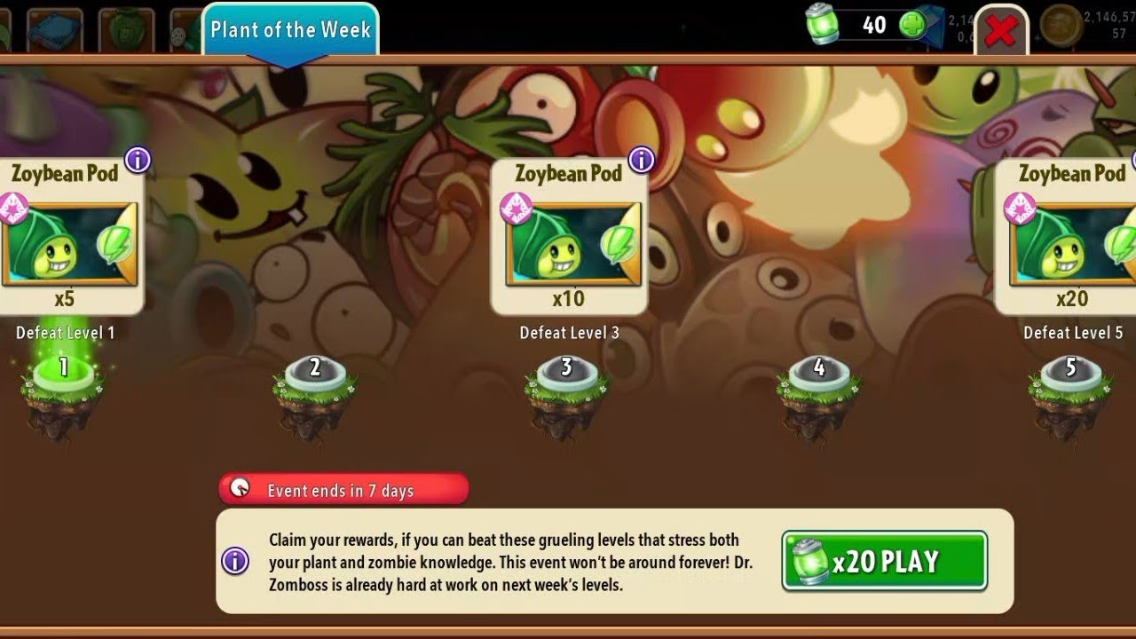 PVZ 2 : Plant of The Week ( Zoybean Pod ) Gameplay - YouTube