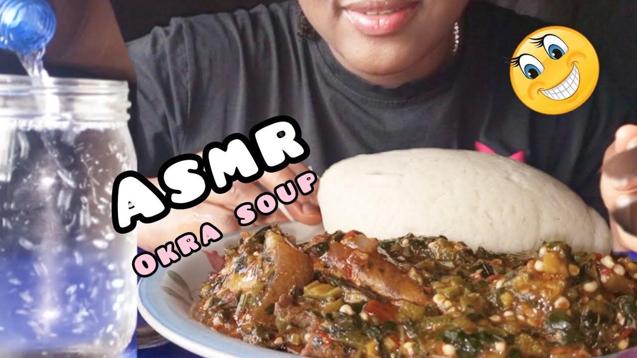 ASMR OKRA SOUP & FUFU WITH BEEF | POMO (COWSKIN) | FISH MUKBANG ...