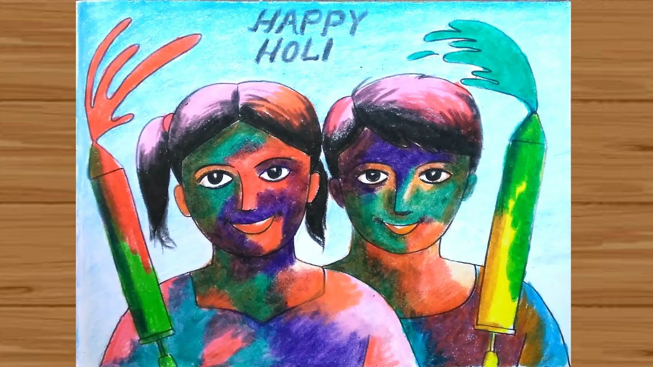Holi festival drawing step by step/Holi scenery drawing/Holi special ...