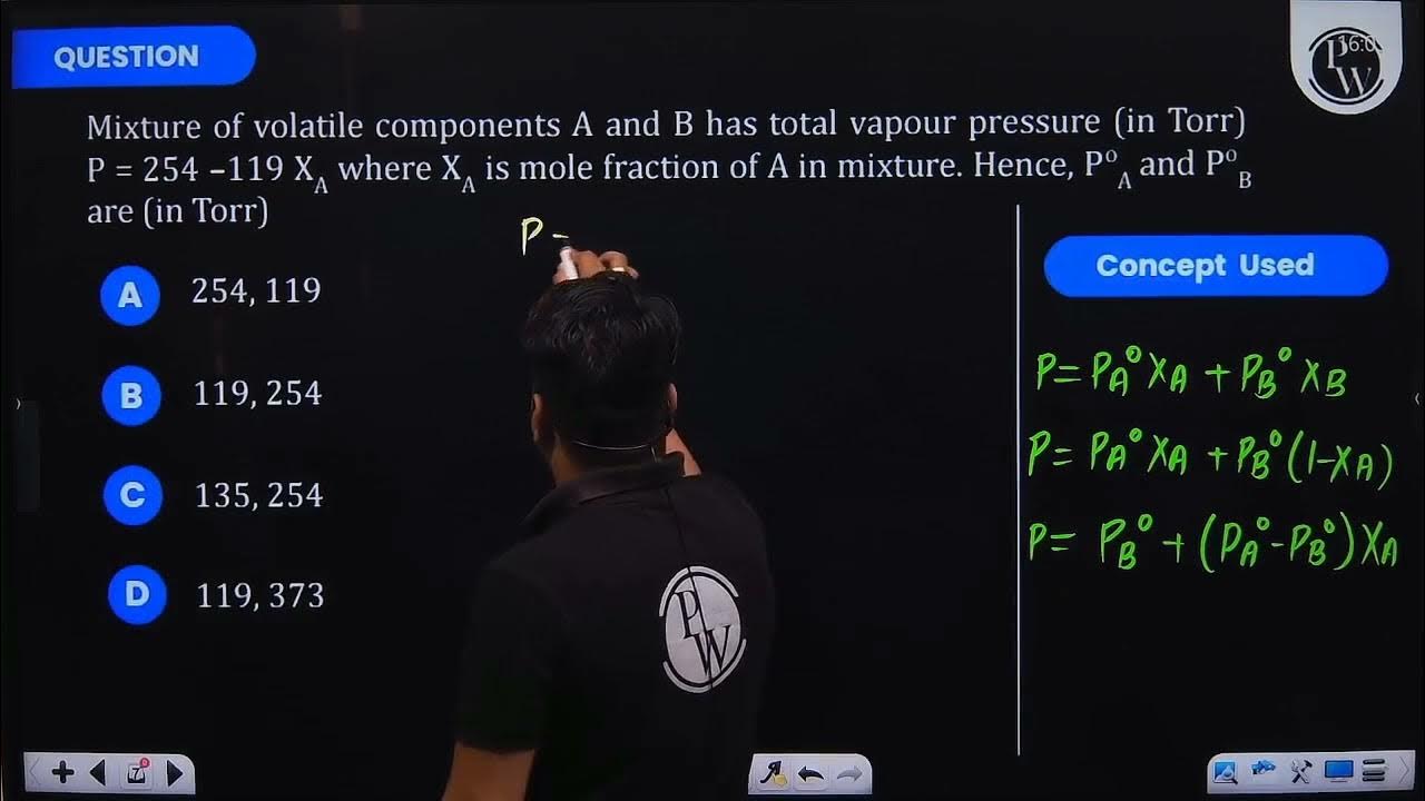 Mixture of volatile components A and B has total vapour pressure (in Torr) P=254-119XA where XA ...
