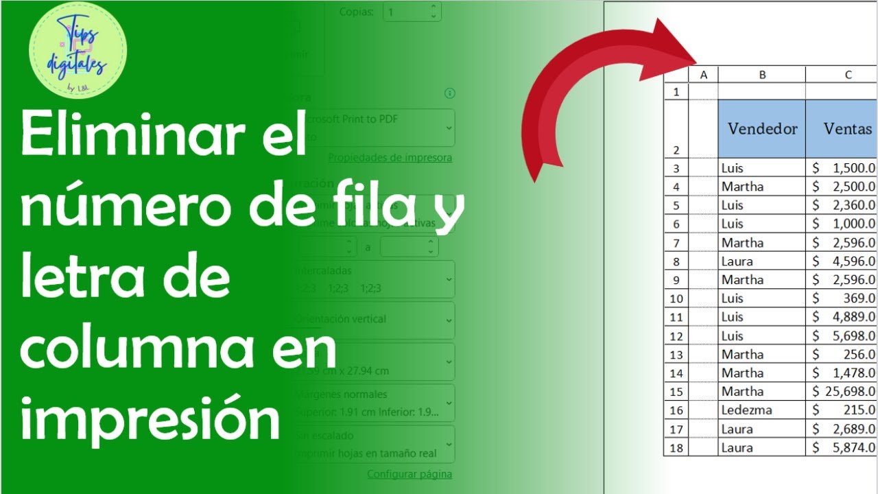 Eliminar el número de fila y letra de columna en impresión - YouTube