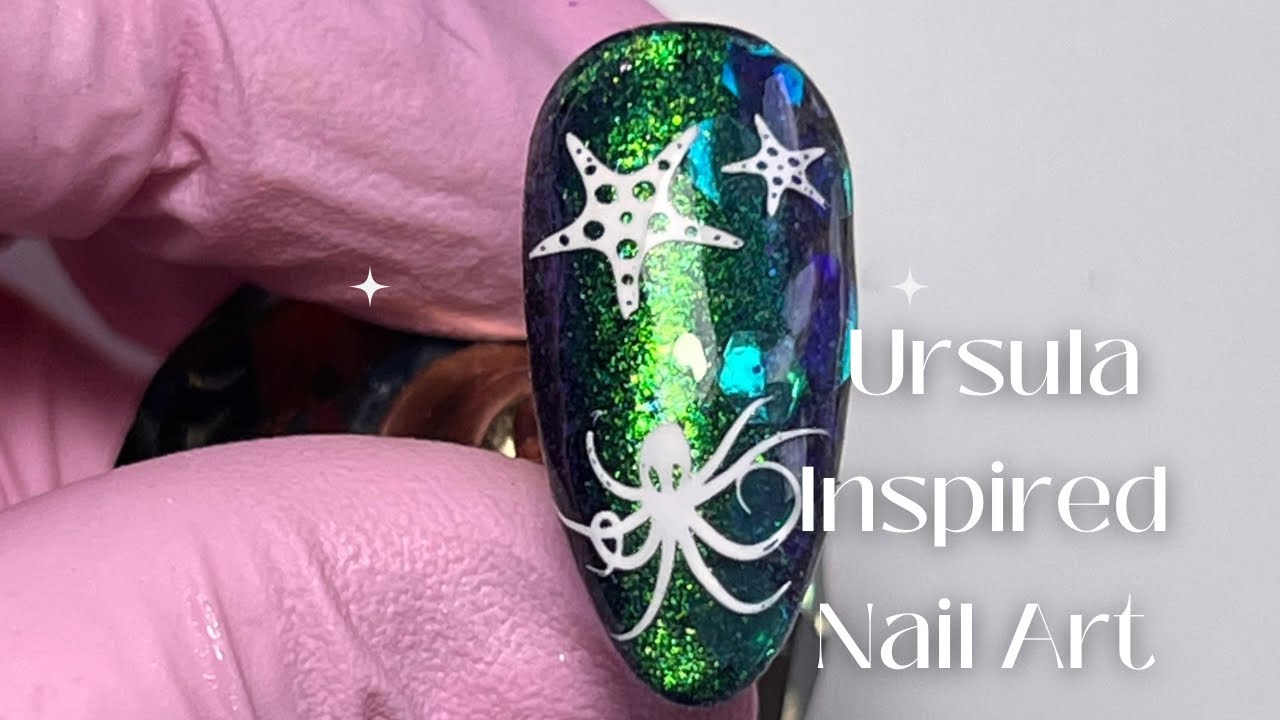 Ursula inspired nail art with chrome and stamping - YouTube