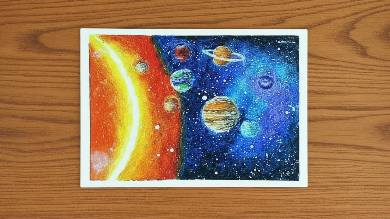 Solar System Drawing with Oil Pastel - step by step for beginners # ...