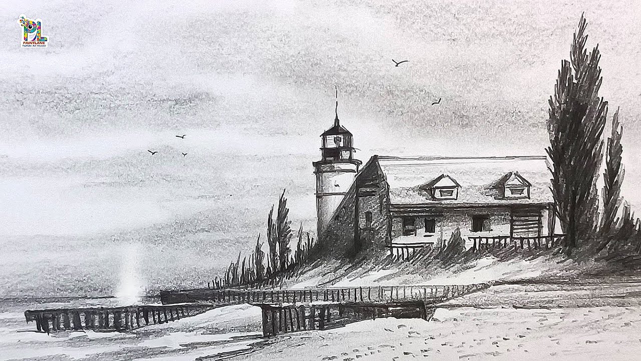 Drawing Beach side Light House in Seascape Scenery Art - YouTube