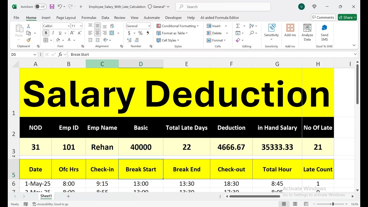 Auto Salary Deduction in Excel for Late Attendance | Smart Formula ...