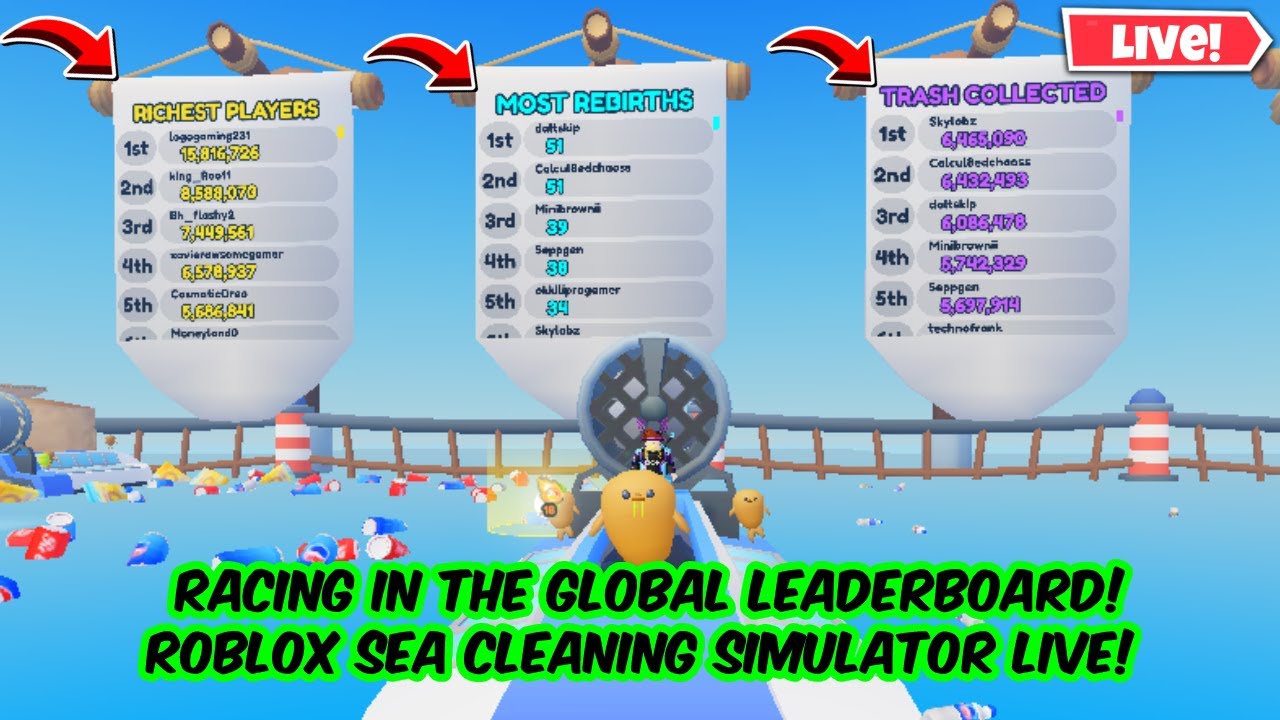 🔴ROBLOX SEA CLEANING SIMULATOR LIVE l RACING IN THE GLOBAL LEADERBOARD ...
