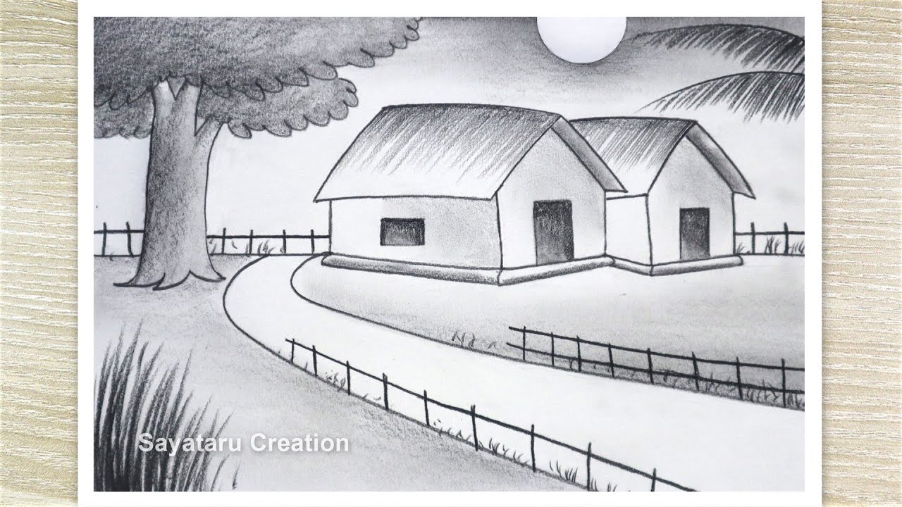 Moonlight Landscape Drawing with pencil sketch, Pencil Drawing for ...