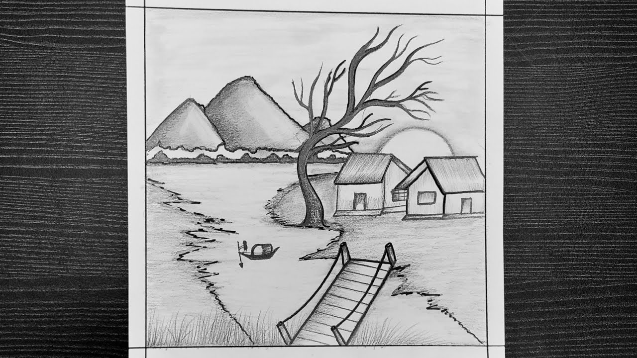 River Side Scenery Drawing // Beautiful village Scenery Drawing ...