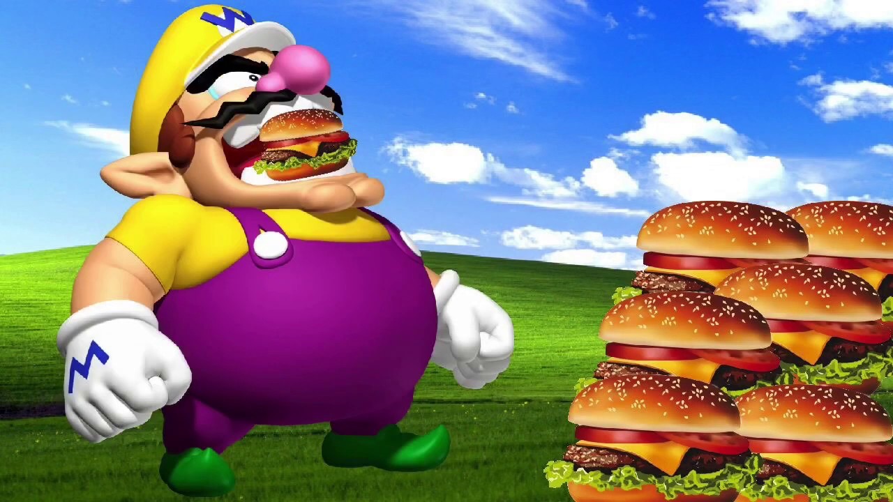 Wario Dies from eating too many hamburgers on Windows XP Background ...