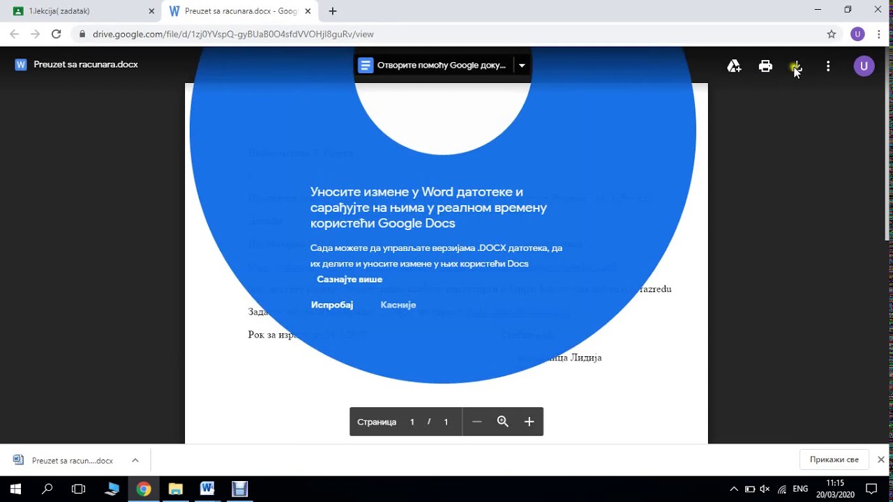 Preuzimanje dokumenta sa google učionice - YouTube