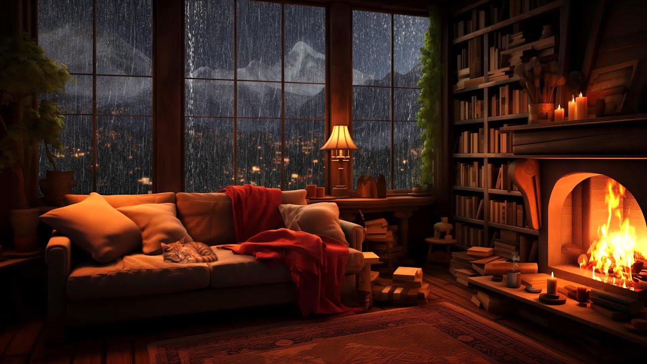 Rainy Night on Window with Crackling Fireplace & Wind Sounds for Sleep ...