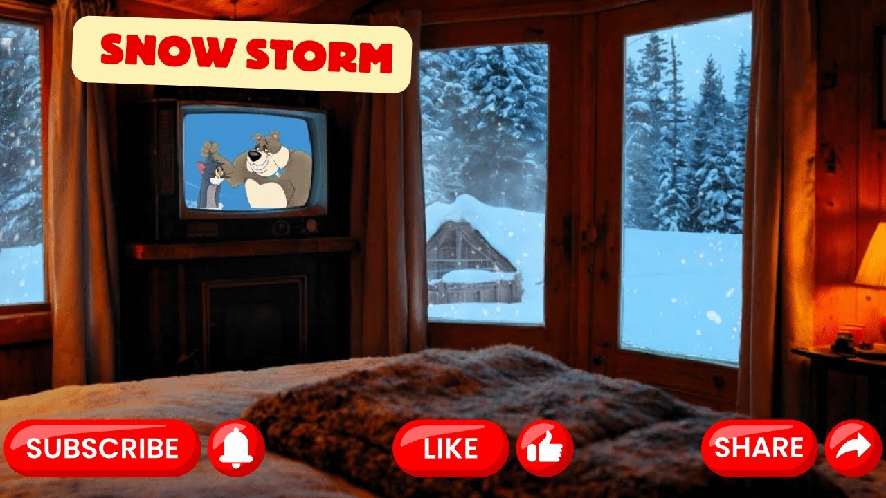 cozy warm hut watching Toom and Jerry - Relaxing snow storm and wind ...