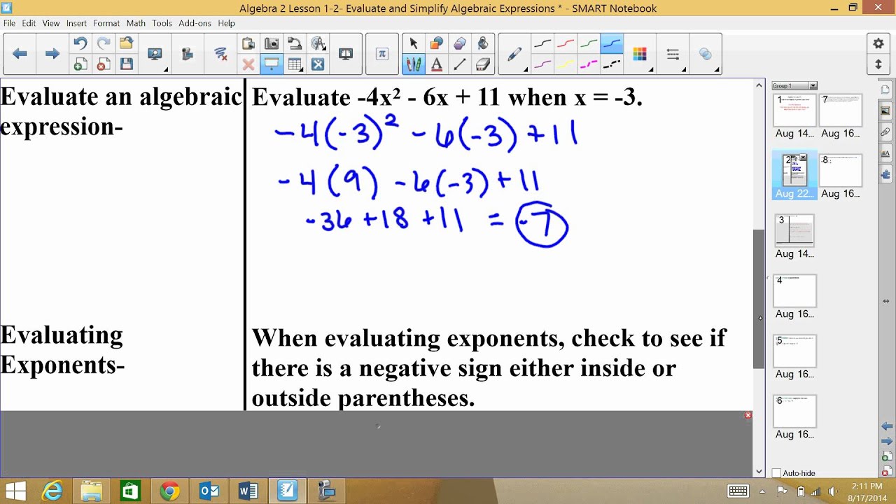 Algebra 2 Lesson 1-2- Evaluate and Simplify Algebraic Expressions - YouTube