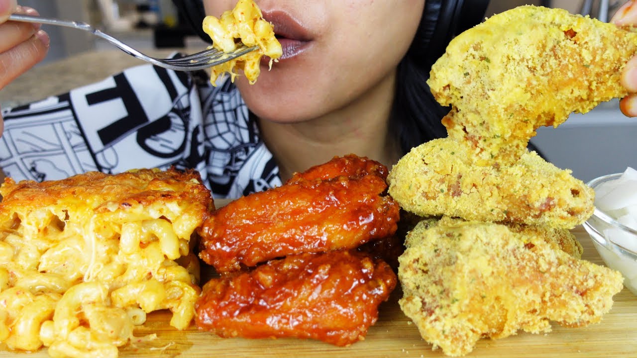 ASMR CHEESE DUSTED KOREAN FRIED CHICKEN + KIMCHI MAC AND CHEESE MUKBANG ...