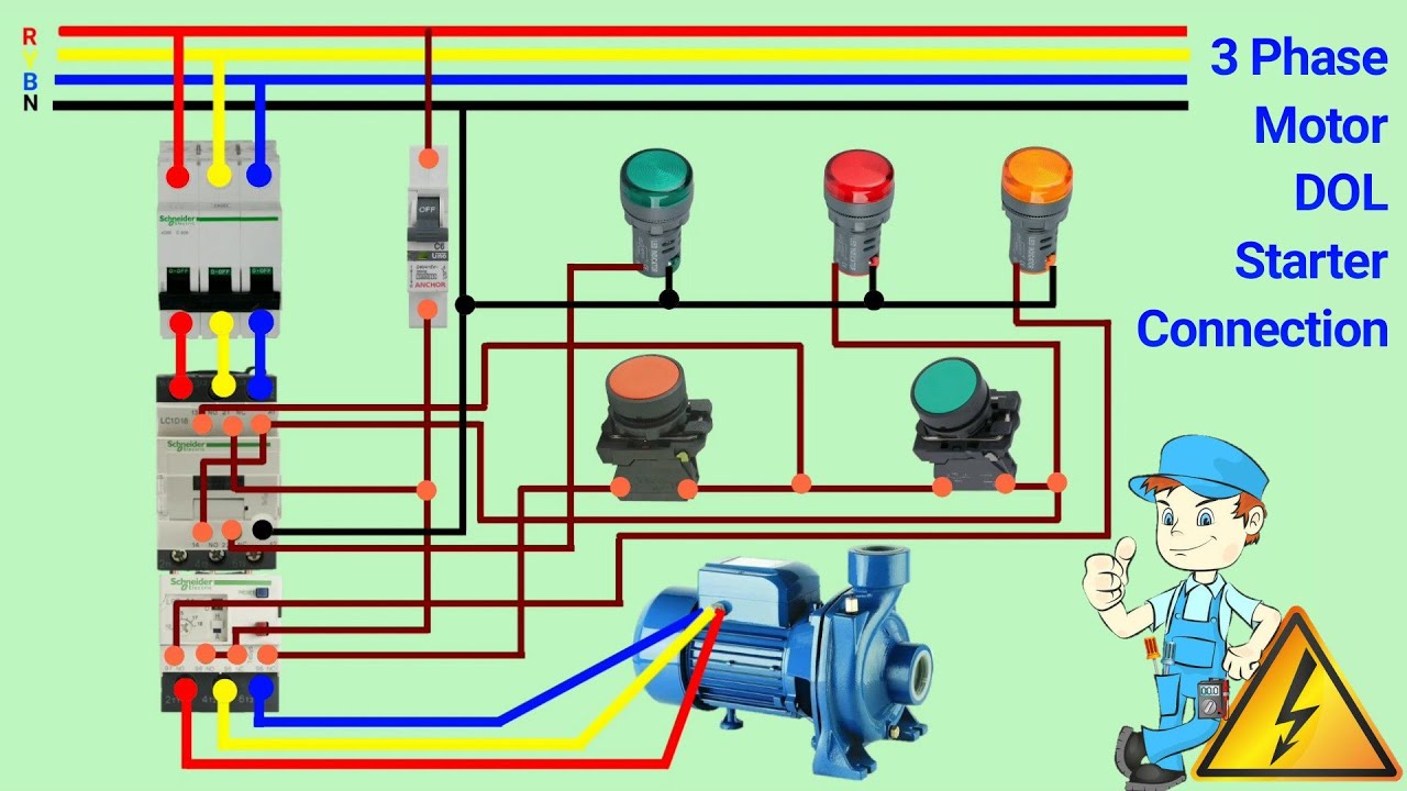 3 Phase Motor DOL Starter Connection | Control Circuit | Power Circuit ...