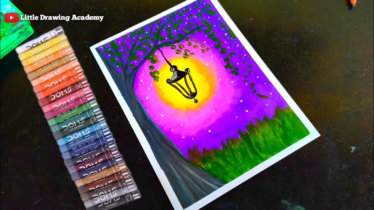 Hanging Lamps on the tree || Oil pastels drawing tutorial - YouTube