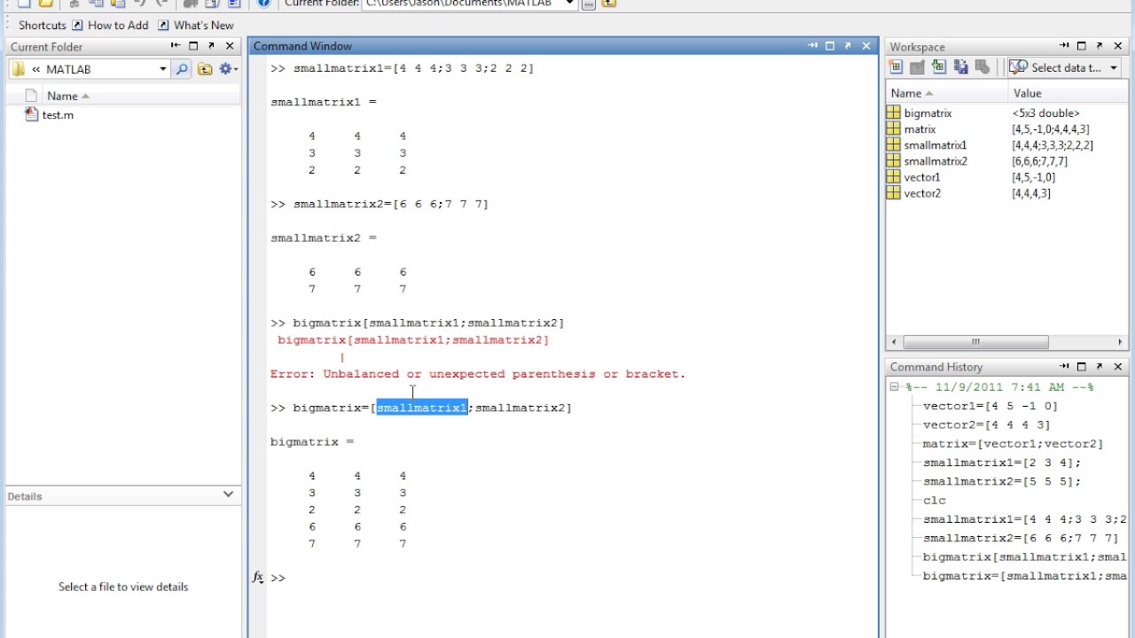 Bp Matlab Essential Skills Sect 41 Joining Matrices Together Youtube