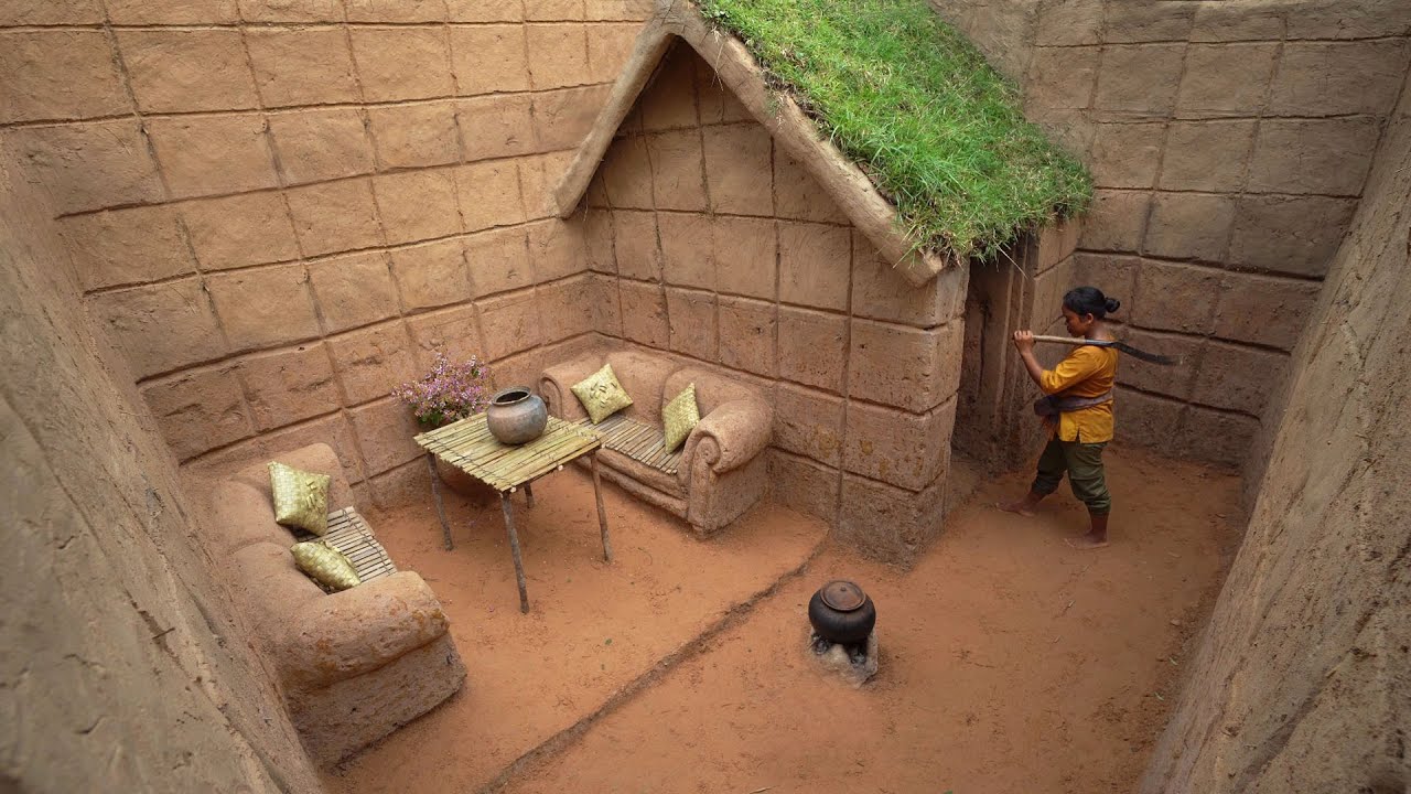 Build The Most Beautiful Survival Underground House with Sitting Place ...