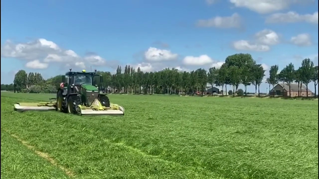 John Deere 7310R triple claas mower - YouTube