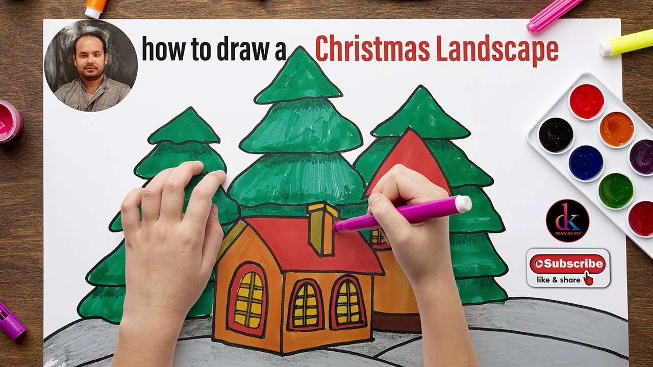 how to draw christmas landscape | christmas drawing | Drawing Key - YouTube