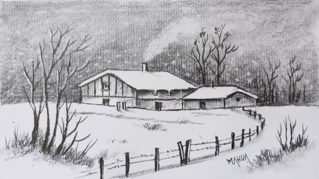 Simple Winter Landscape in Pencil Shading - YouTube