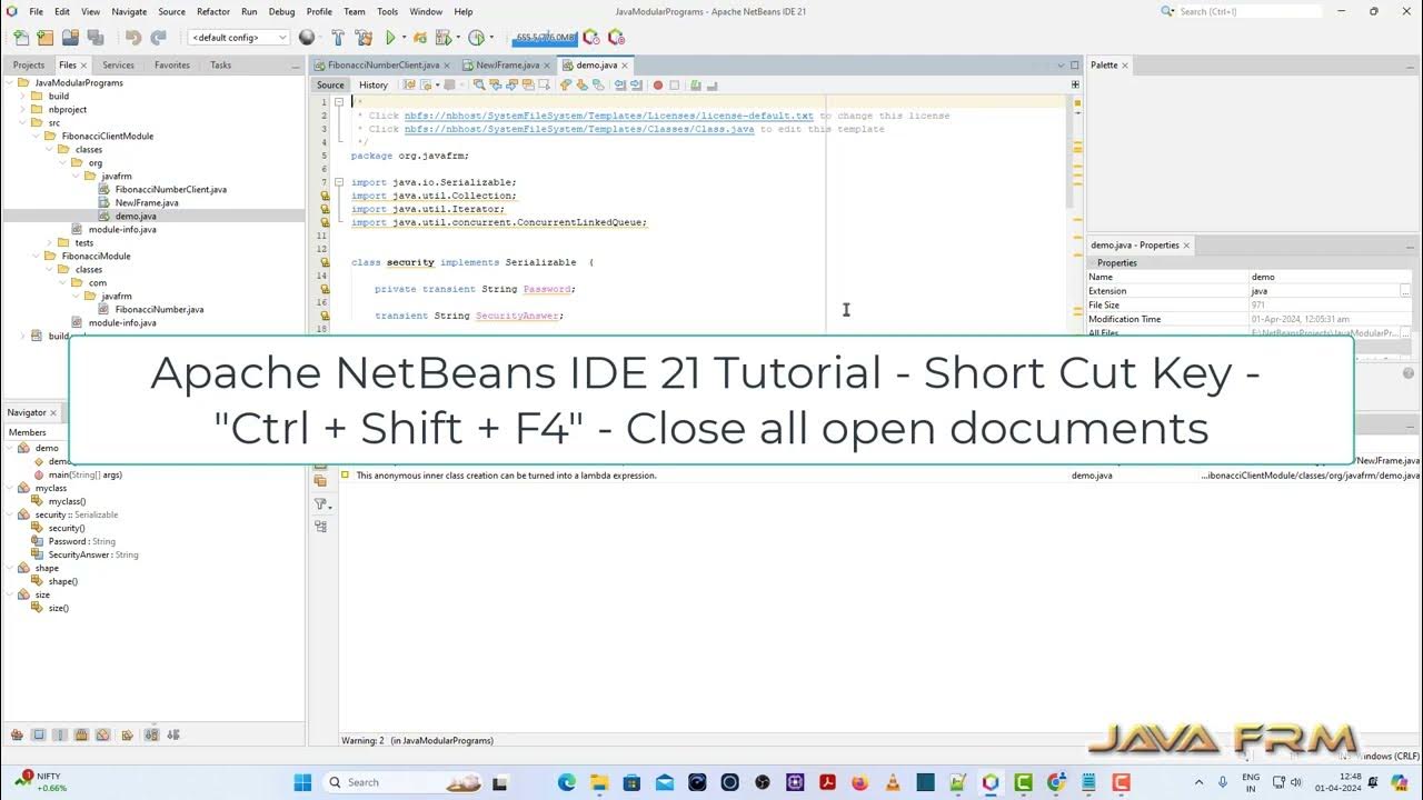 Apache NetBeans IDE 21 Tutorial - Short Cut Key - Ctrl + Shift + F4 - Close all open documents ...