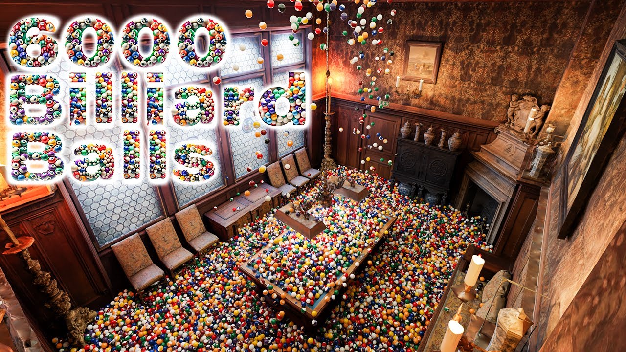 6000 Colored billiard balls falling to Billiards Room - Blender ...