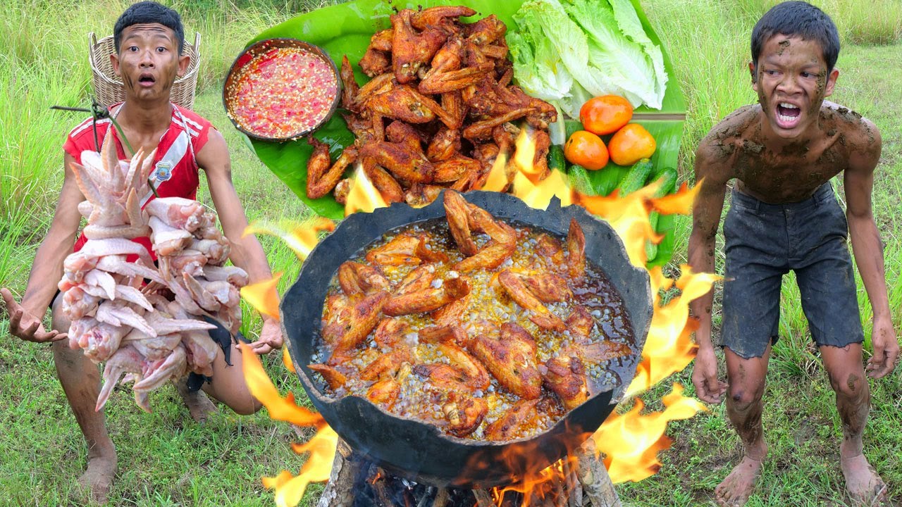 Cooking chicken wing, eating in jungle | Primitive technology - YouTube