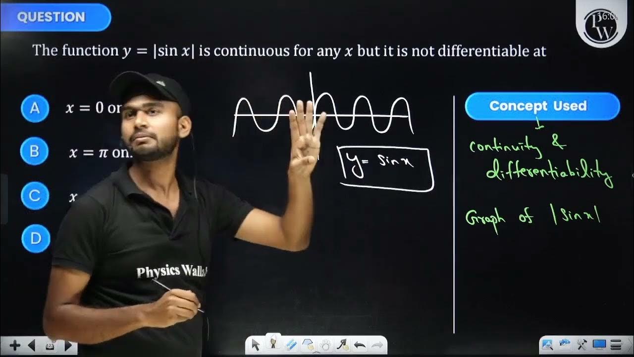 The function \(y=|\sin x|\) is continuous for any \(x\) but it is not differentiable at ...