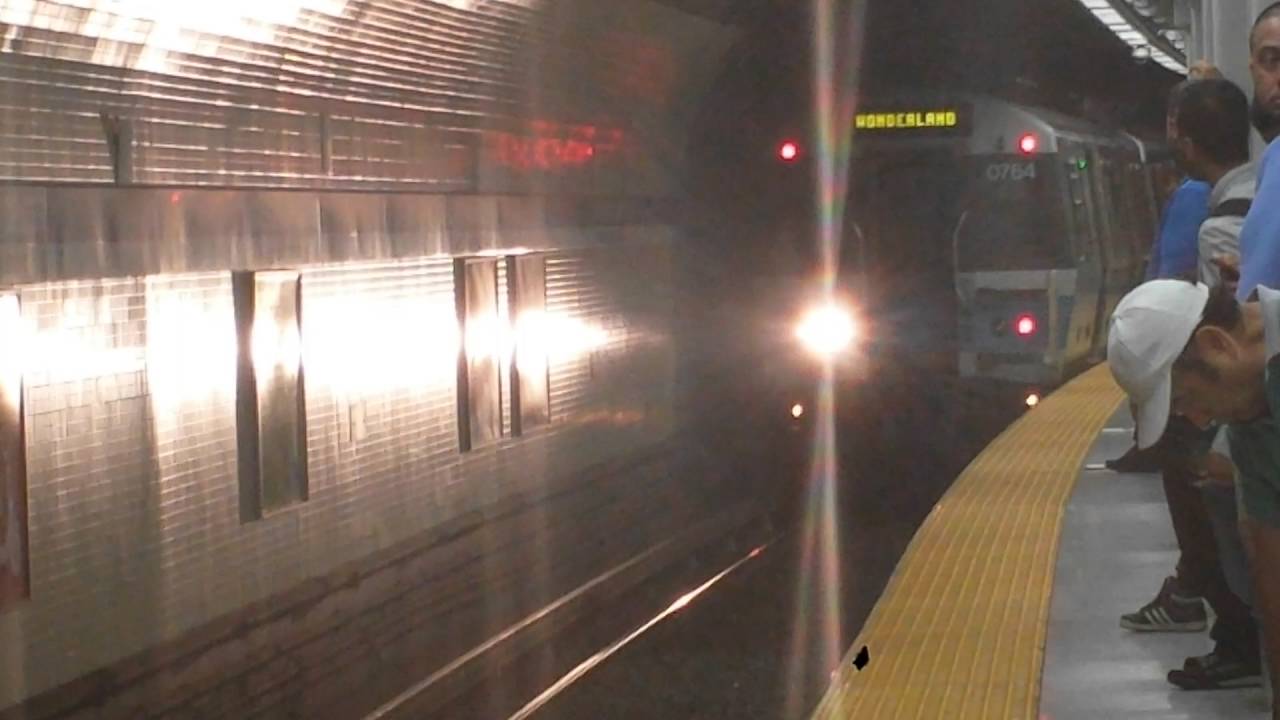 MBTA Blue Line Subway Train Arriving At Government Center Station ...