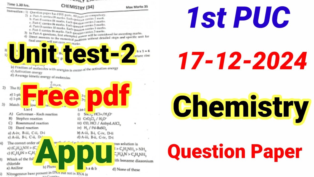 1st puc chemistry 2nd test question paper 2024 important questions for ...