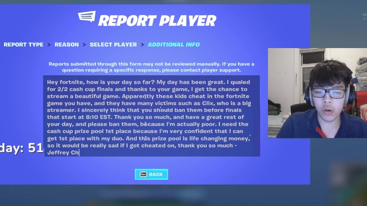 AsianJeff sends Dramatic Addition Info for Reporting Fortnite Player to ...