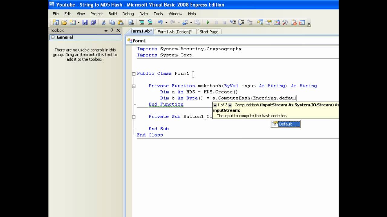 VB 2008 Convert Text to MD5 - YouTube