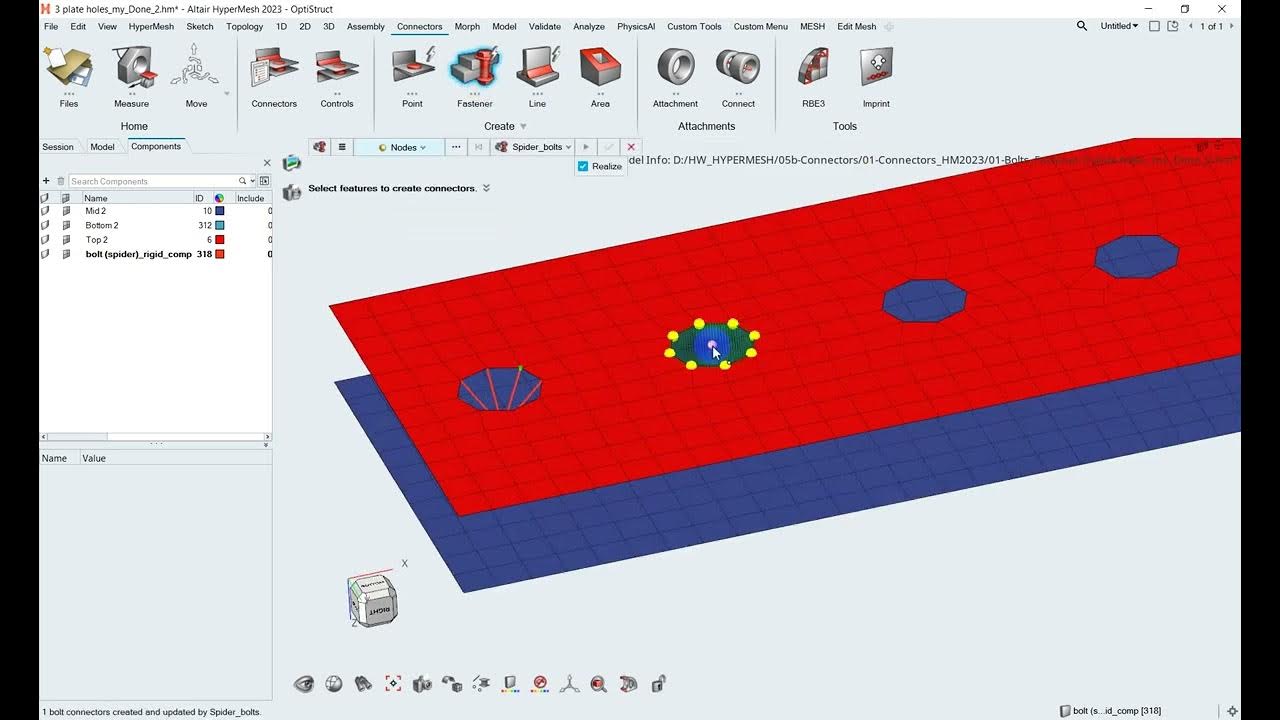 HyperMesh 2023: Create 1D bolts to connect multiple shell plates and ...