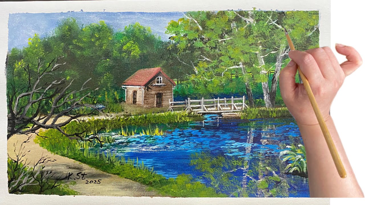 How to draw a pond with farm bridge & trees/acrylic landscape painting ...
