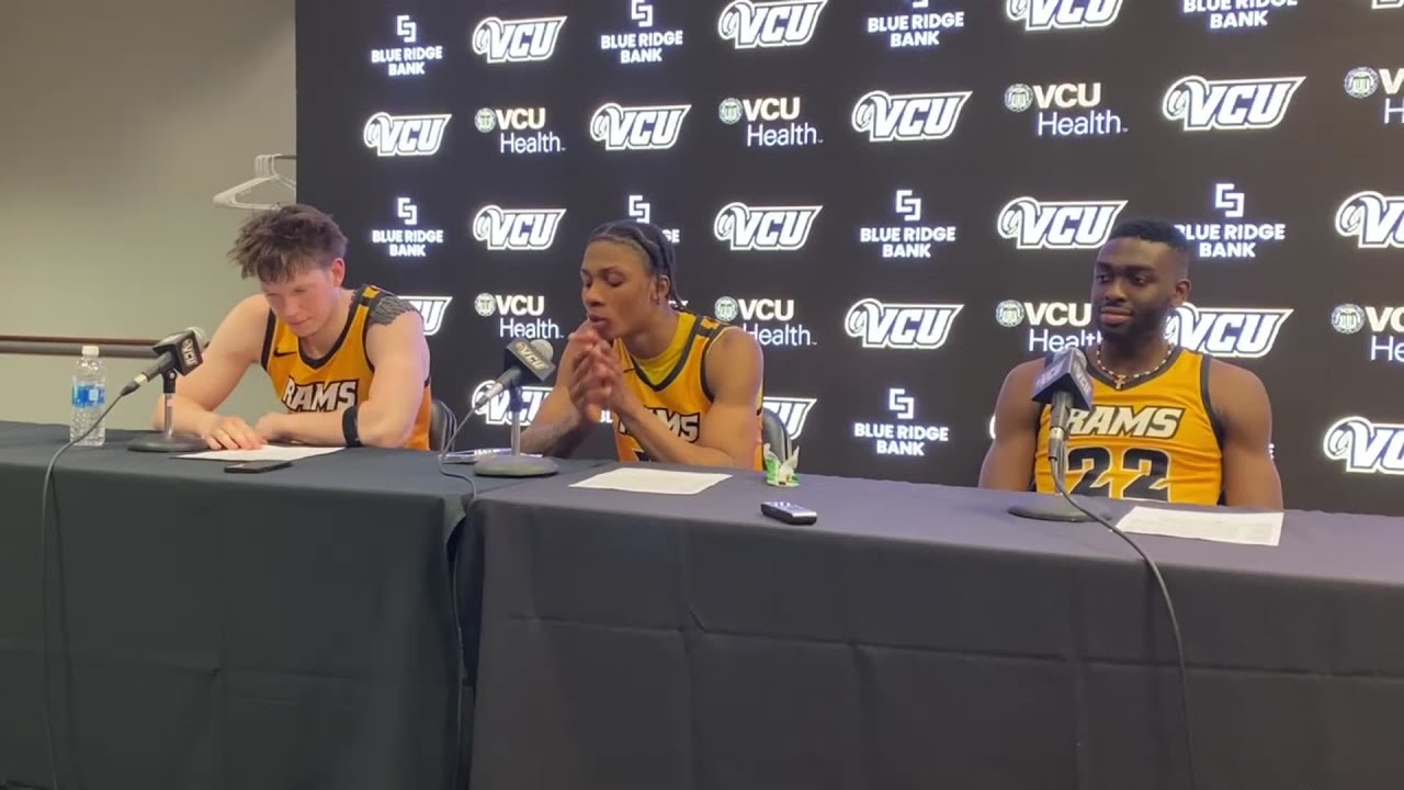 VCU basketball players Max Shulga, Tobi Lawal, Joe Bamisile after 73-69 ...