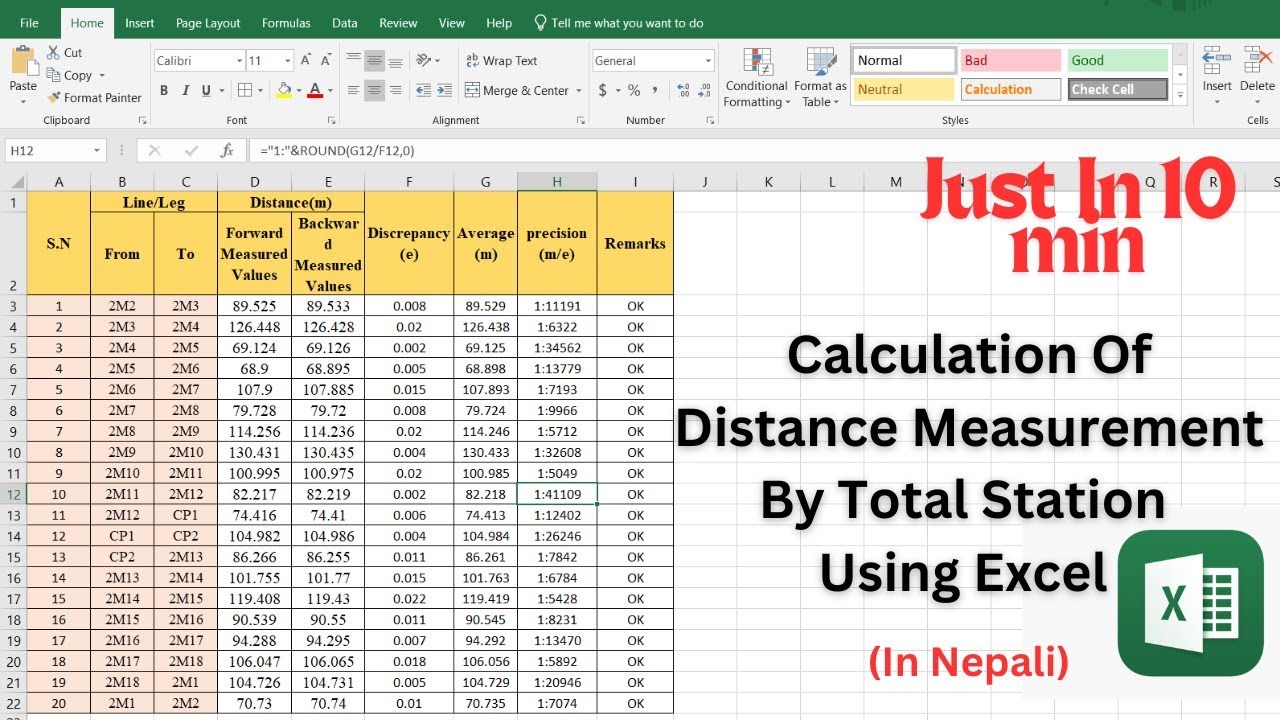 Calculation Of Distance Measurement Sheet In Excel | Surveying | Survey ...
