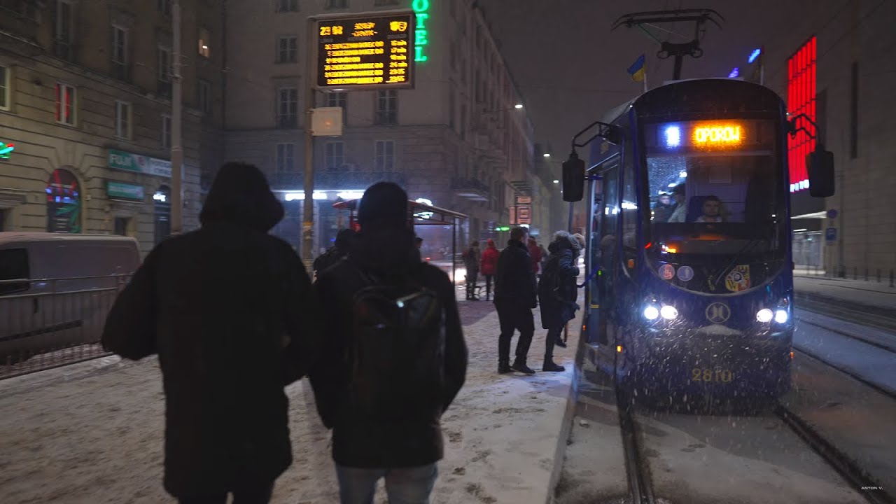 Poland, Wrocław, tram 11 night ride from Arkady Capitol to Paulińska ...