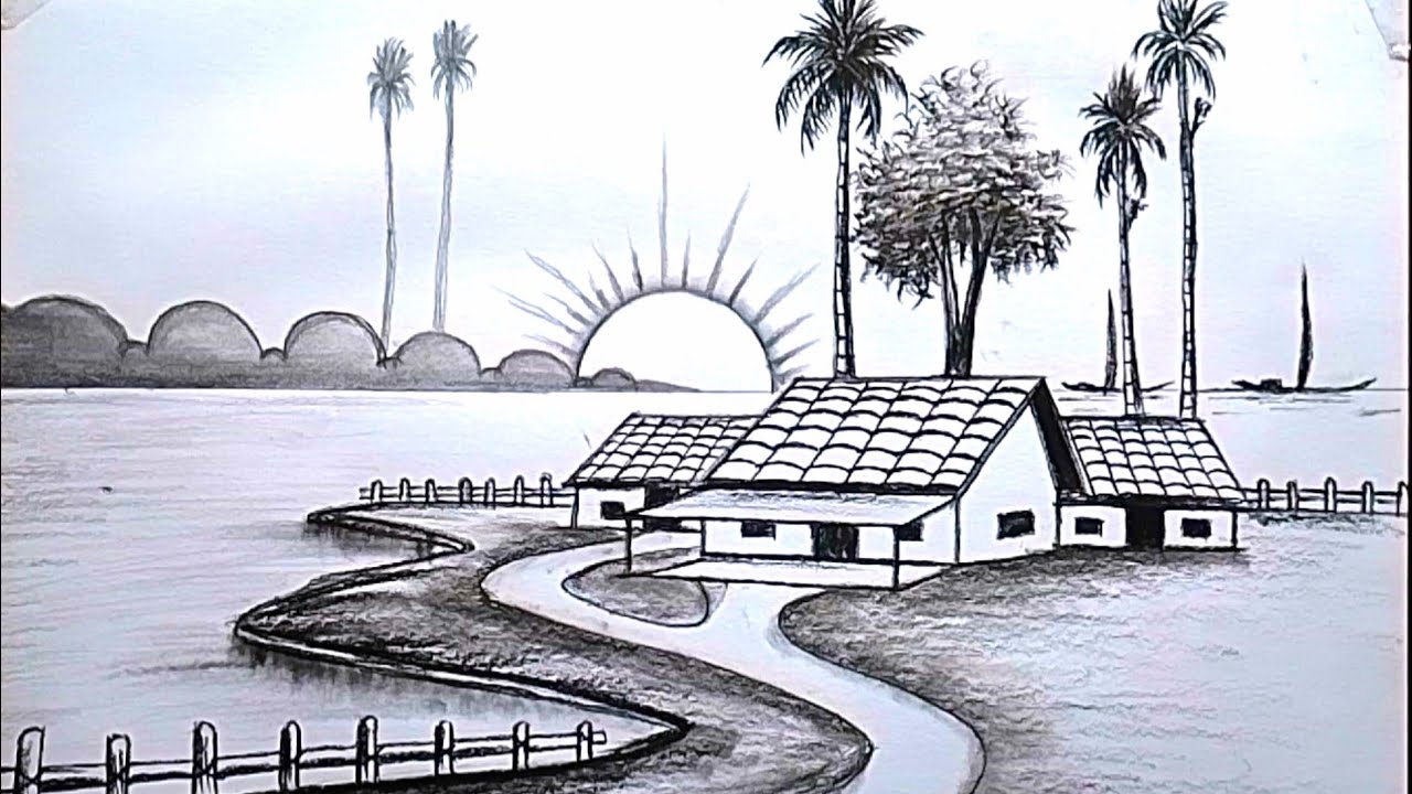 How to draw beautiful village Sunset sunset drawing ️ Prakritik drisho ...