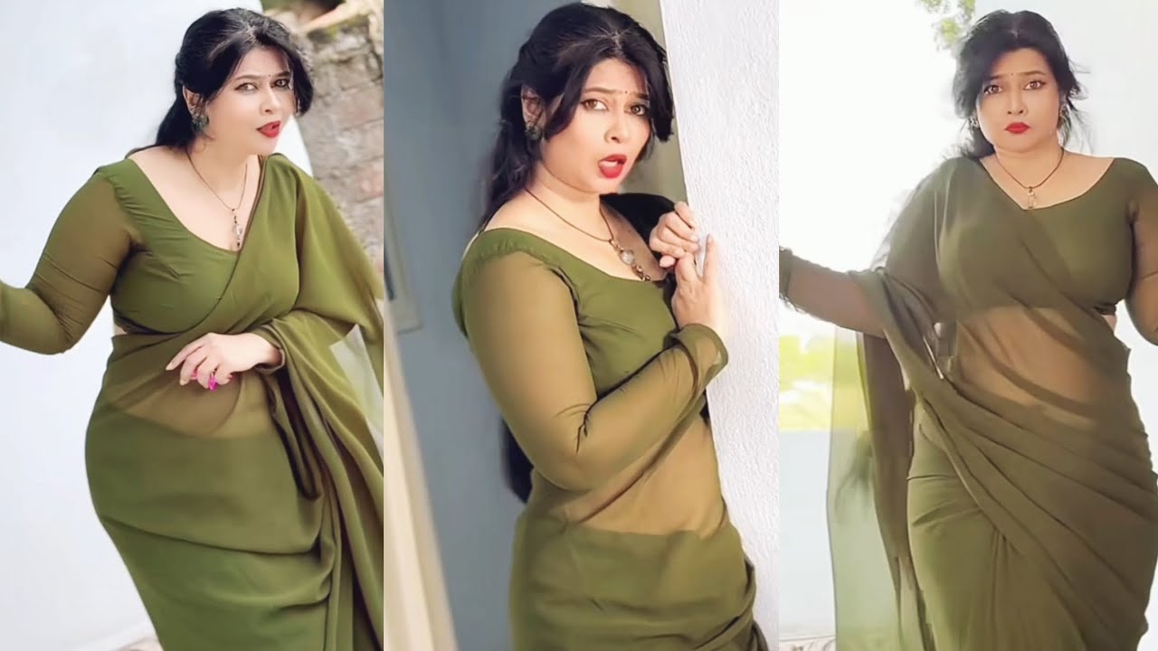 Plus Size Saree Model | Olive Green Chiffon Saree Draping Style | Koi ...