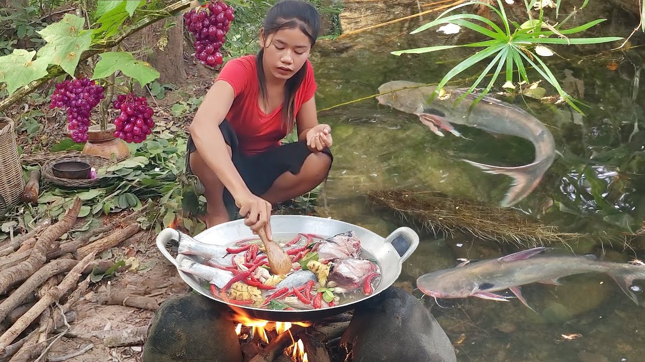Catch fish in river and Pick Grapes fruit nature, Cooking fish spicy ...
